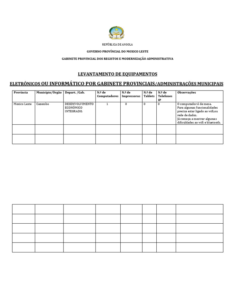 Levantamento de Equipamentos em Moxico | PDF