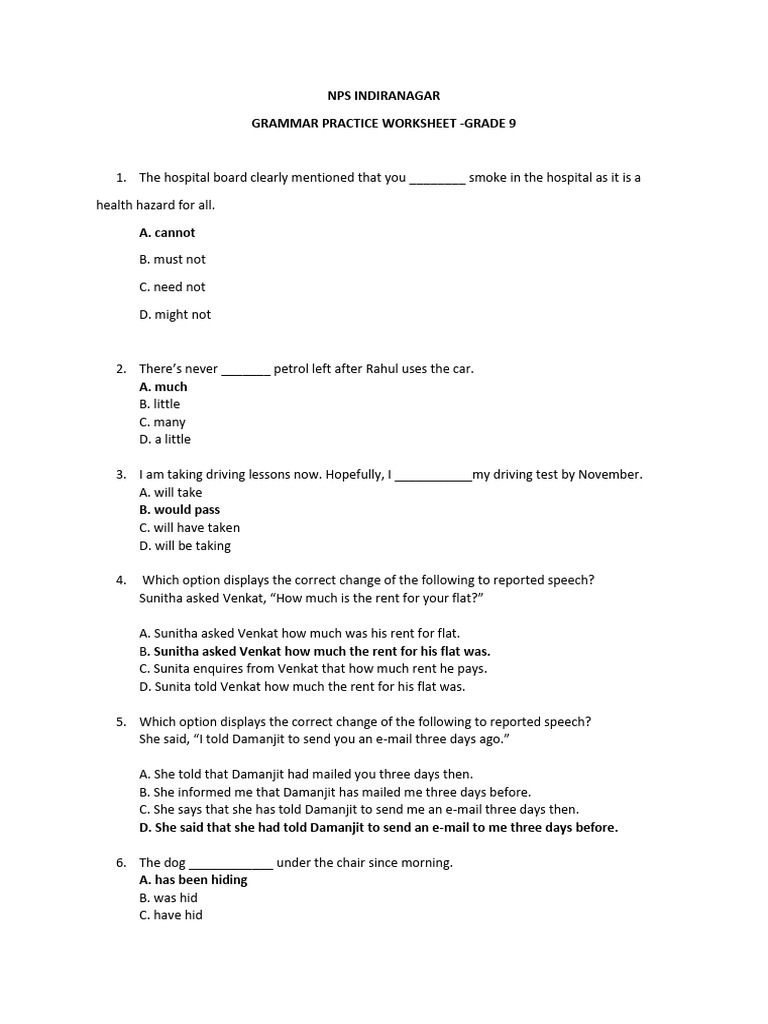 Answer Key Grammar Practice Paper | PDF