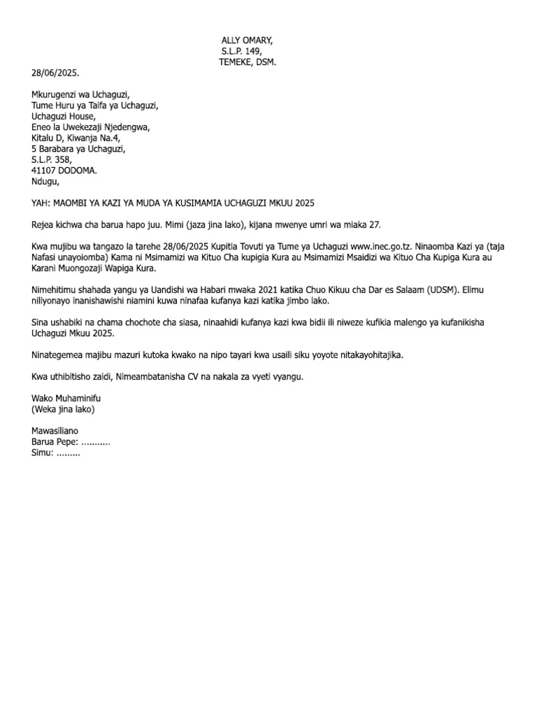 Barua Ya Kuomba Kazi Ya Kusimamia Uchaguzi Mkuu 2025 | PDF