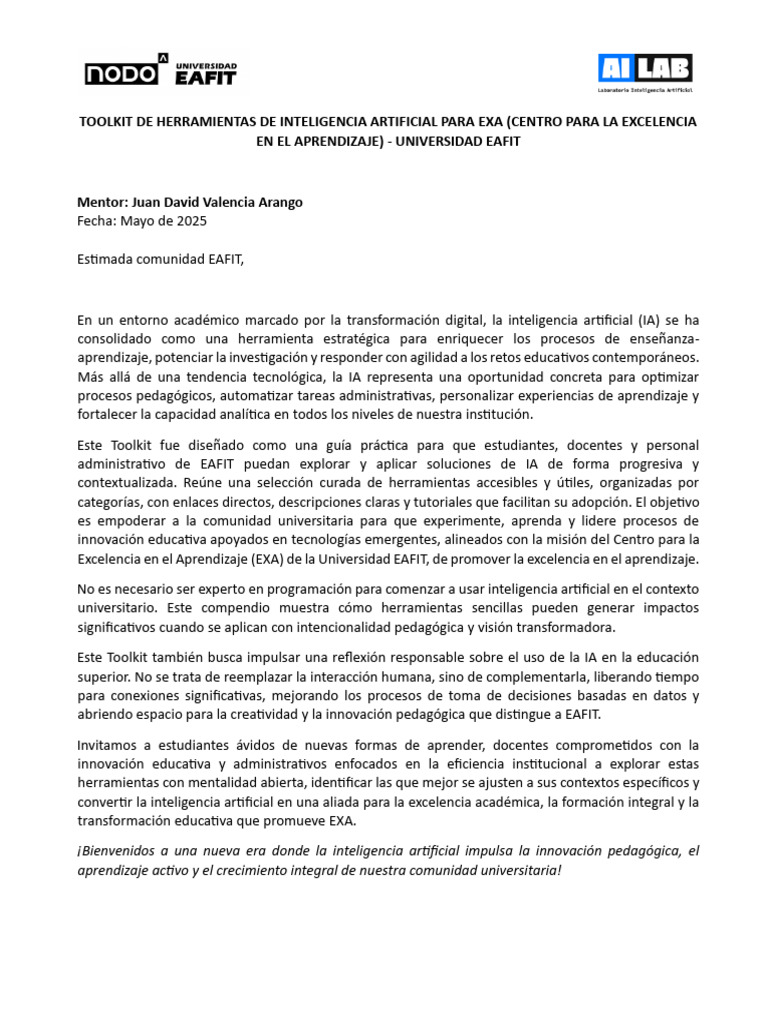 Toolkit Herramientas IA Nodo Eafit (Juan Valencia) | PDF | Inteligencia artificial ...