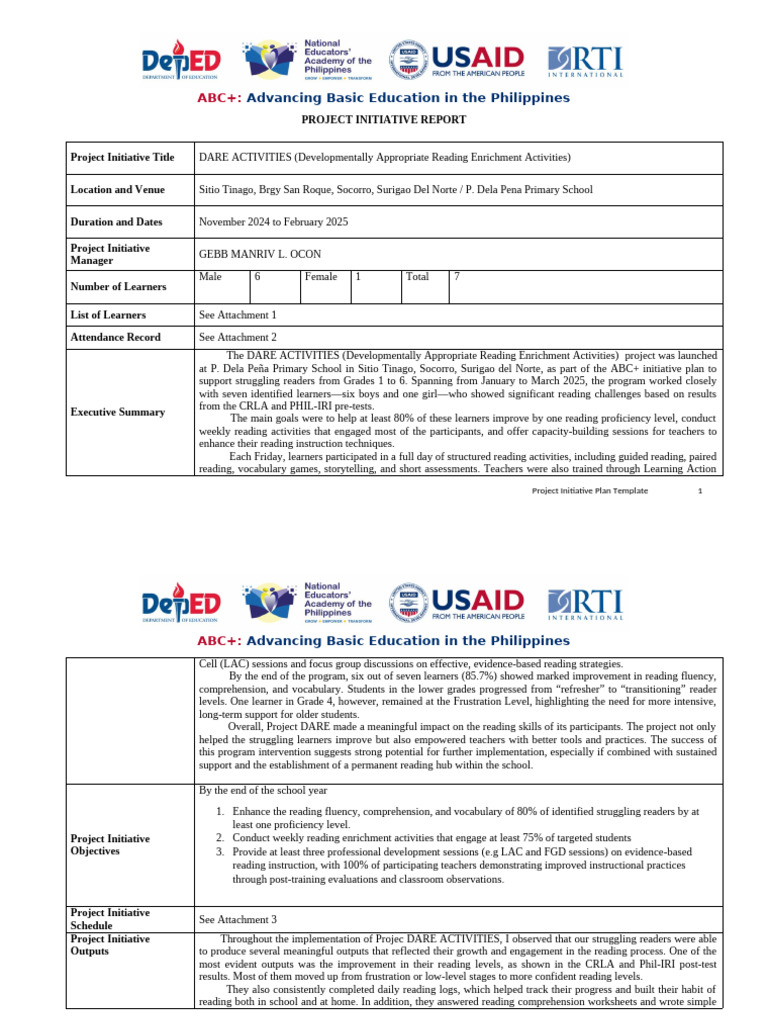PDPS 03 Project Initiative Report Template | PDF | Reading Comprehension | Phonics