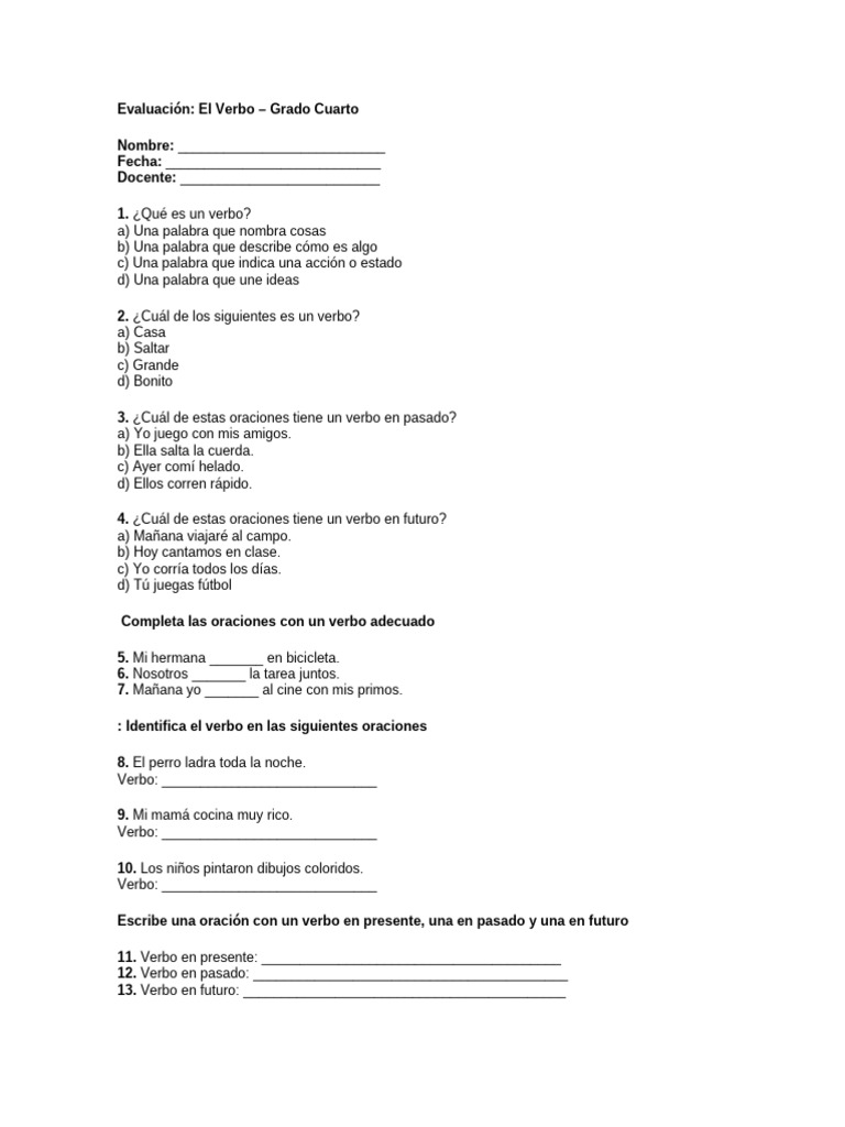 Evaluacion Grado4 El Verbo | PDF
