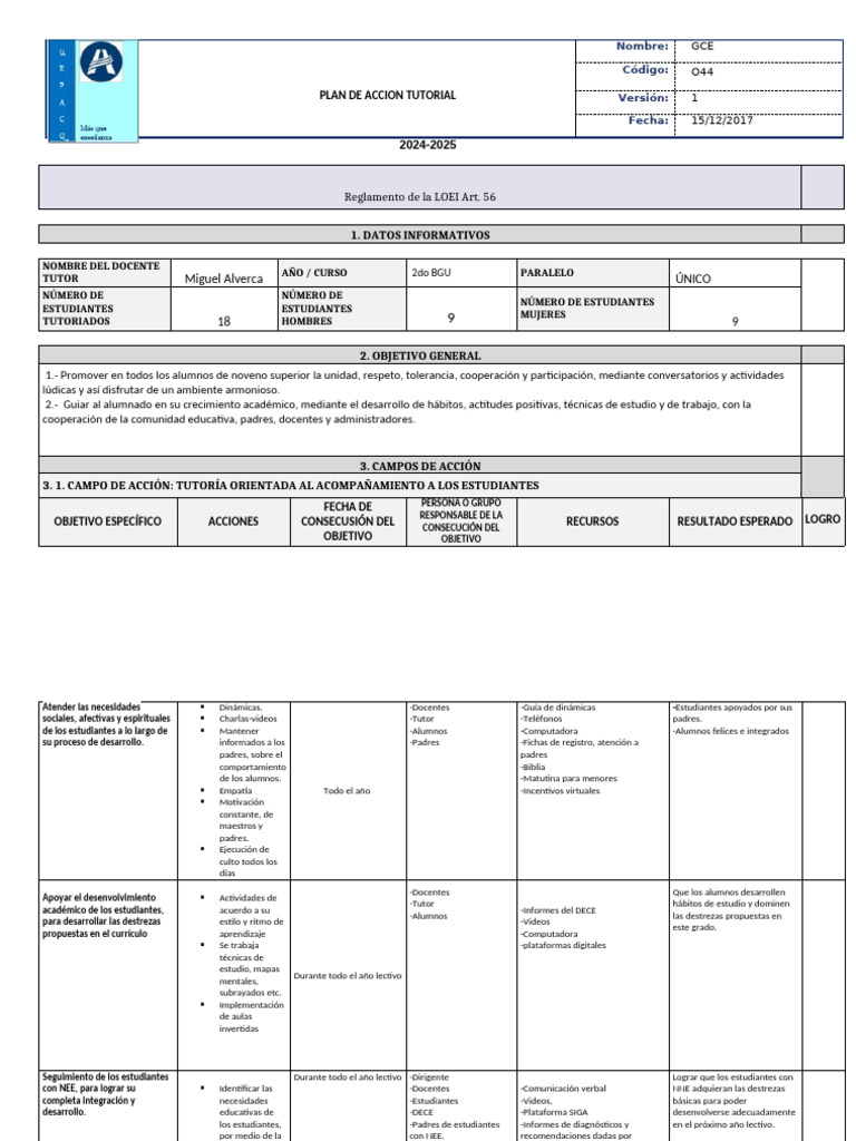 Plan de Accion Tutorial 2024-2025 | PDF | Plan de estudios | Enseñando