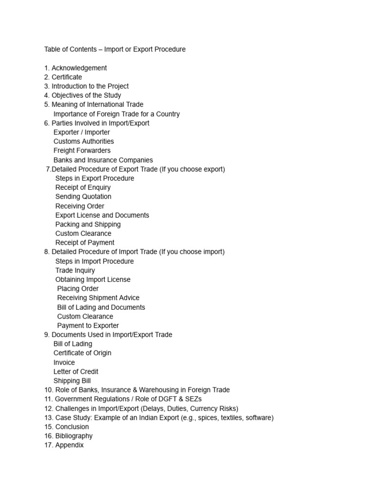 Table of Contents - Import or Export Procedure | PDF