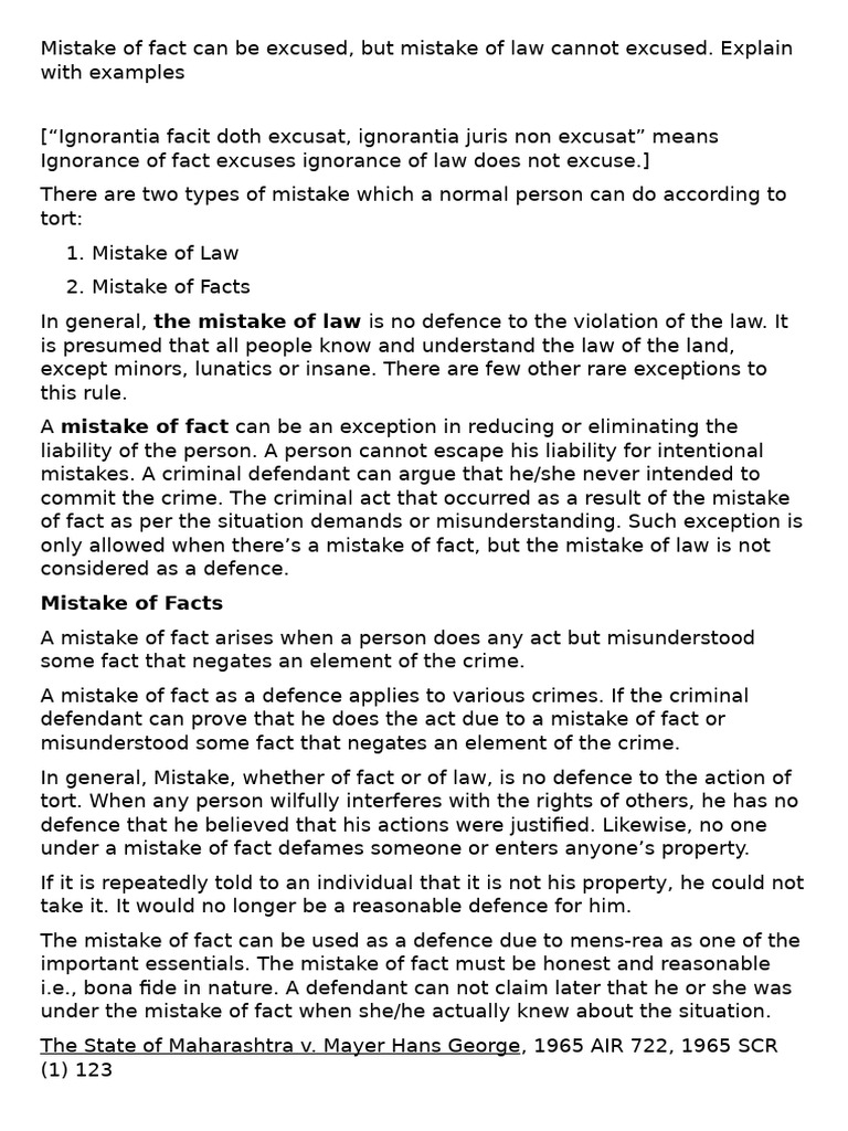 Mistake of Fact vs. Mistake of Law | PDF | Tort | Crimes