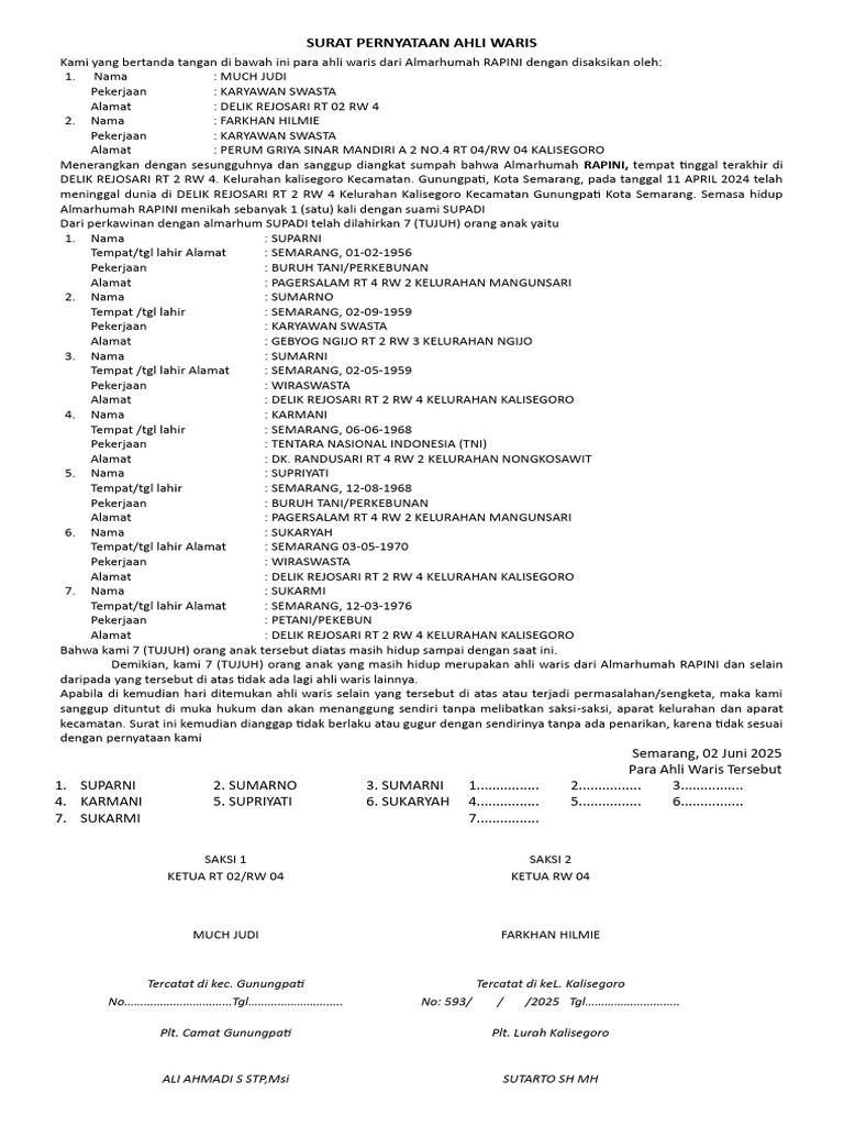 Surat Pernyataan Ahli Waris | PDF