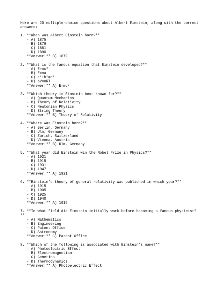 Albert Einstein Quiz: 20 Questions & Answers | PDF | Albert Einstein ...