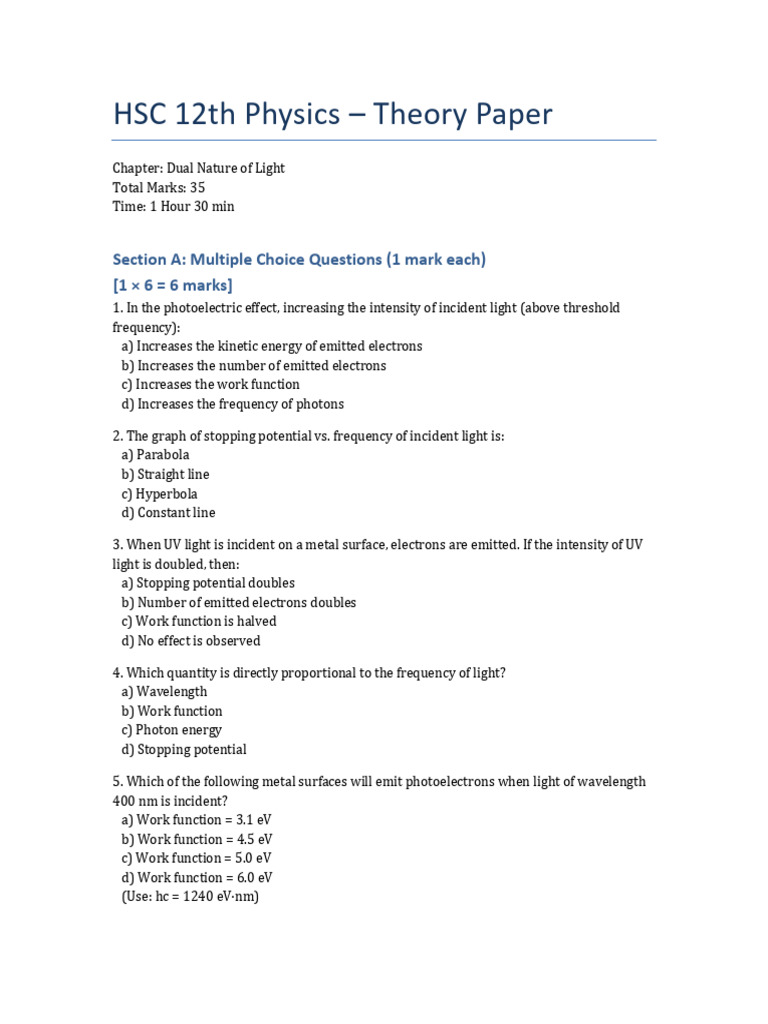 Dual Nature of Light 35 Marks HSC Paper | PDF | Photoelectric Effect ...