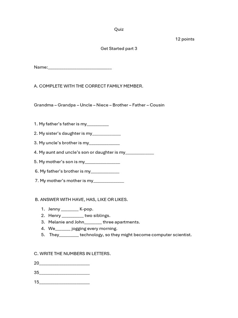 Family and Language Quiz Worksheet | PDF