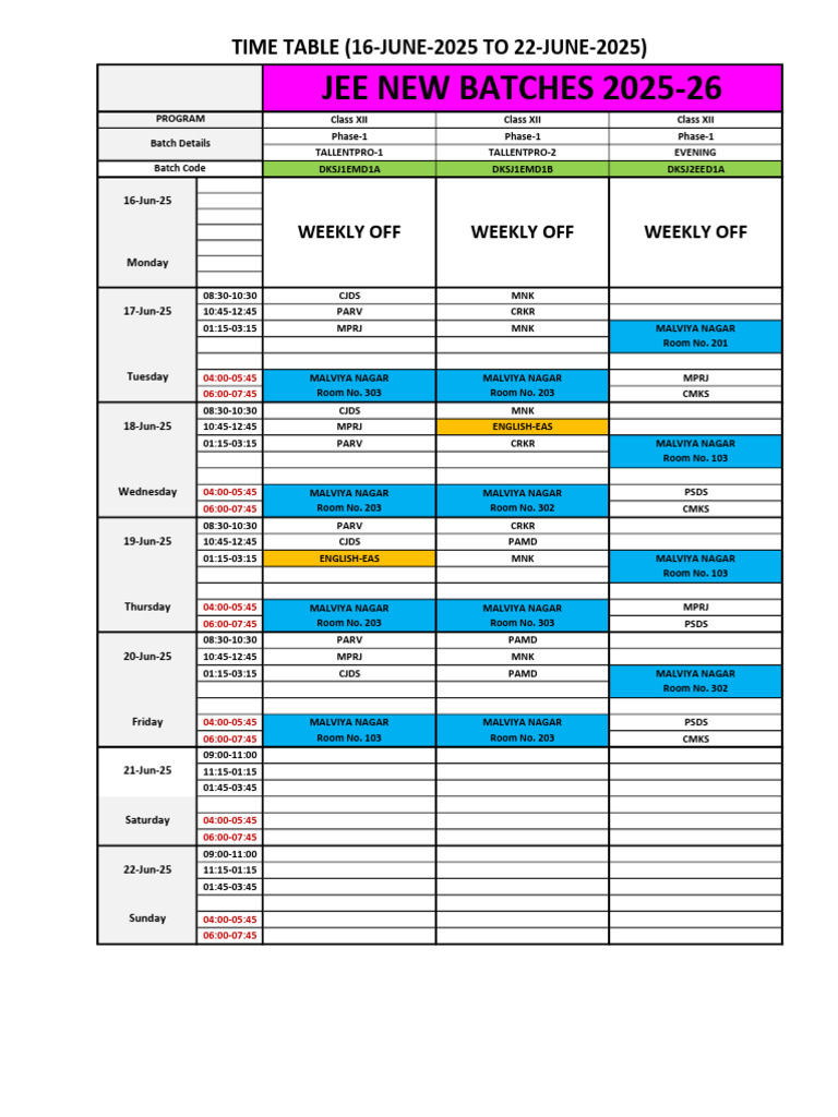 JEE New Batches Timetable: June 2025 | PDF