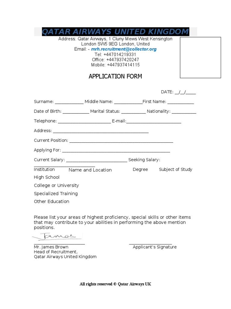 Qatar Airways Job Application Form | PDF