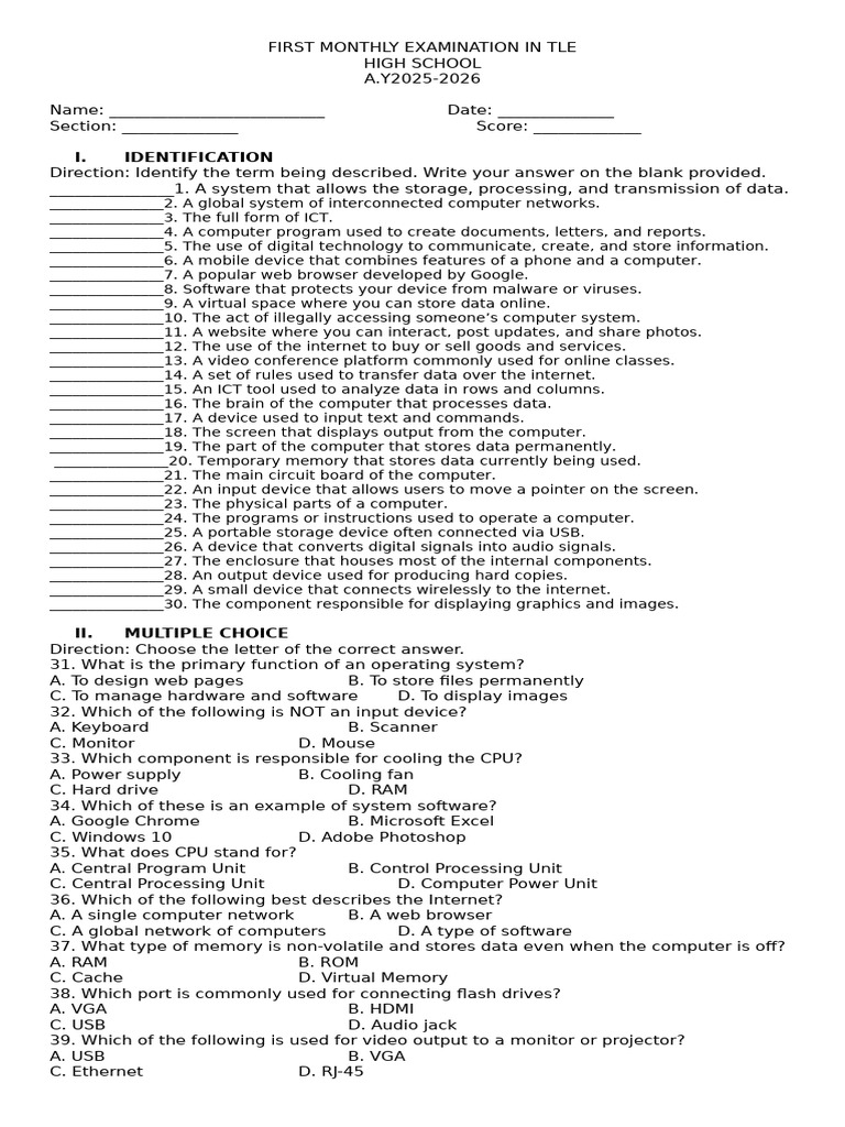 ICT Concepts in High School TLE Exam | PDF | Computer Data Storage ...