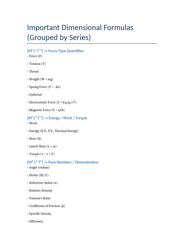 Important Dimensional Formula Series Wise | PDF
