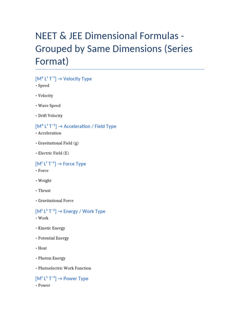 NEET JEE Dimensional Formula Series Format | PDF