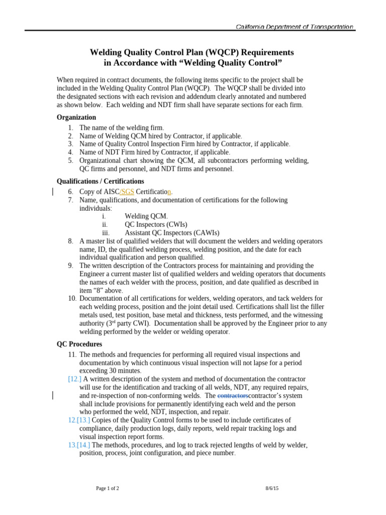 Welding Quality Control Plan Requirements | PDF | Nondestructive ...