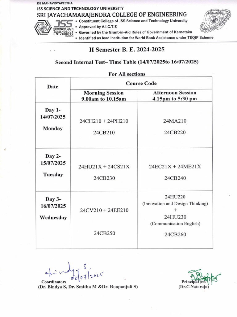 TIME TABLE - 2nd Internals - 2nd Semester BE | PDF