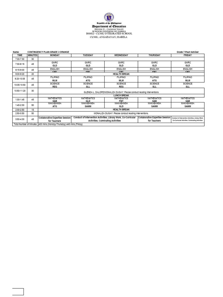 Grade 3 Contingency Plan Schedule | PDF