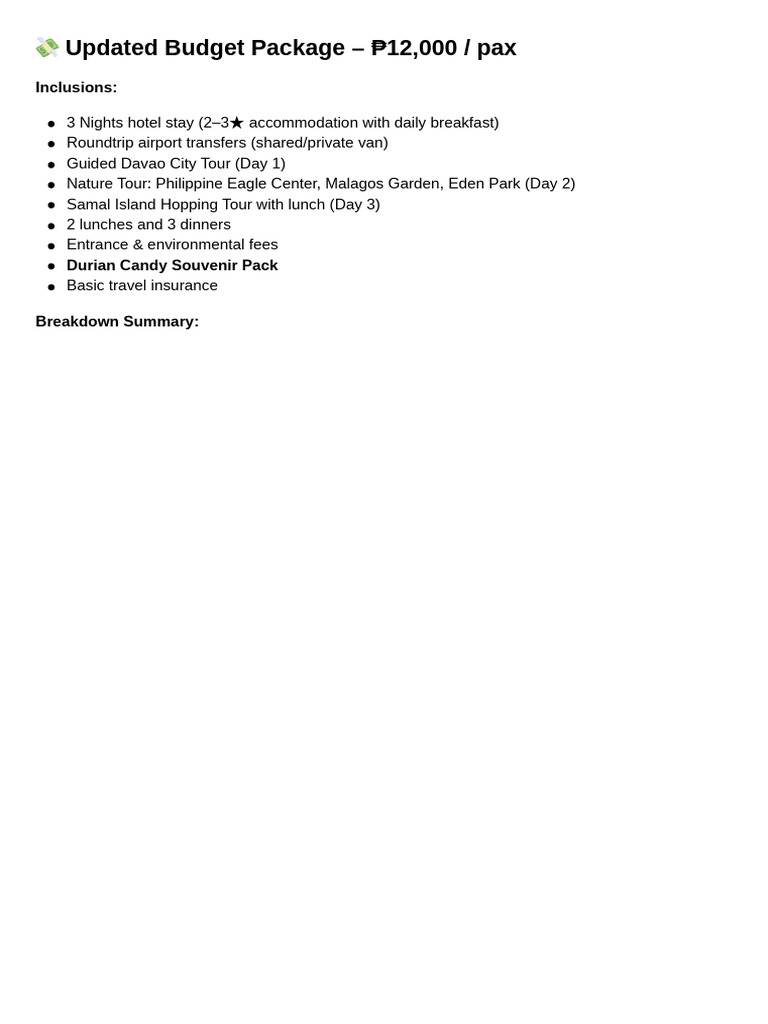 Davao Tour Package Cost Breakdown | PDF