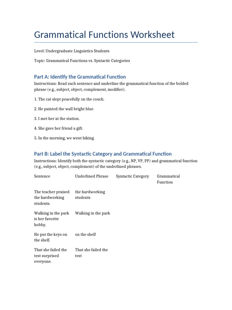 Grammatical Functions Worksheet. | PDF