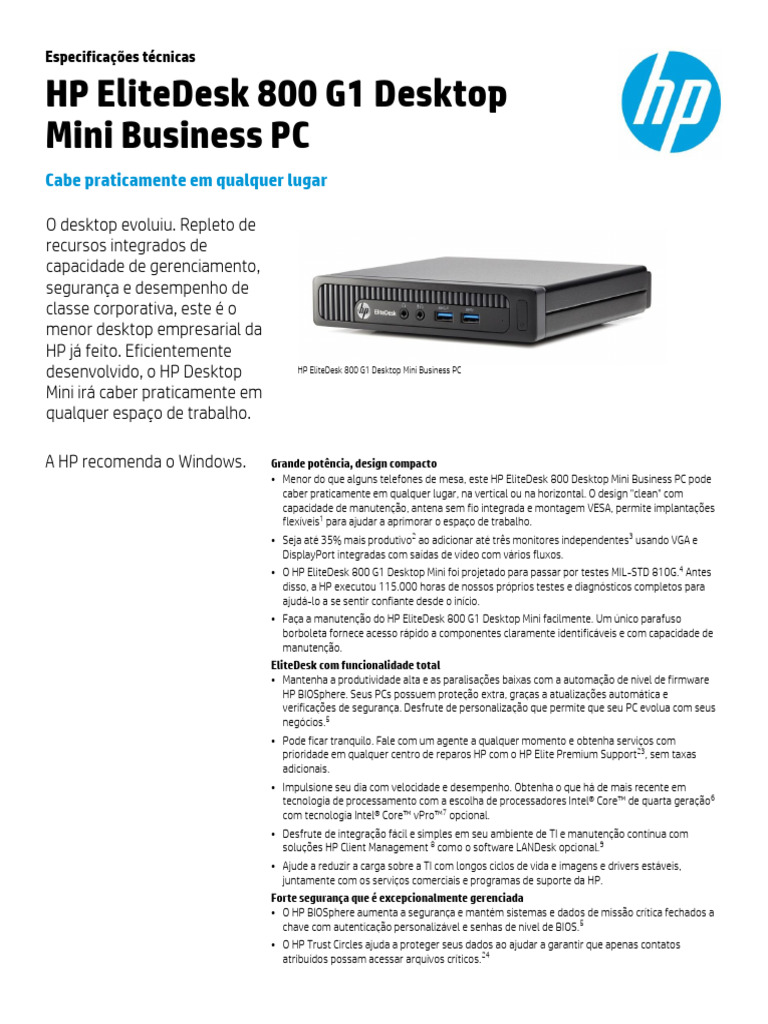 HP EliteDesk 800 G1: Mini PC Empresarial | PDF | USB | Microsoft Windows