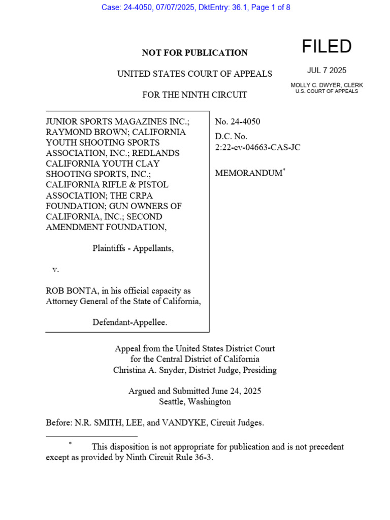 Junior Sports Magazines, Inc. Et Al. v. Bonta, 2025 07 07 Memorandum ...