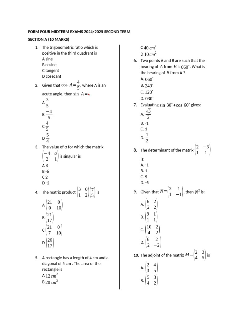 Form Four Midterm Exams 2024-2025 Second Term | PDF | Trigonometric ...