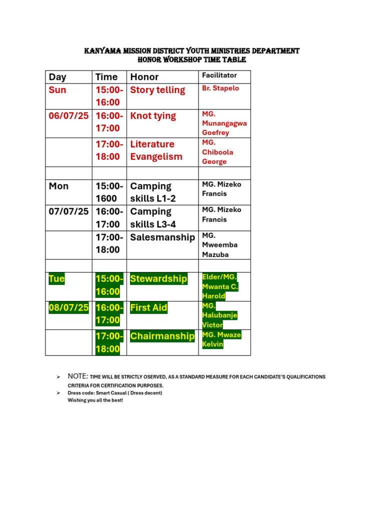 KMD Honor Workshop Time Table | PDF
