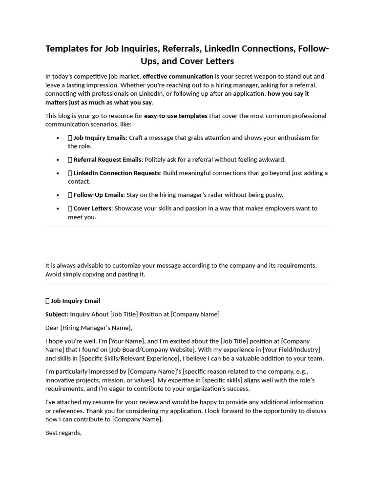 Job Inquiry Email Templates Guide | PDF | Linked In | Résumé
