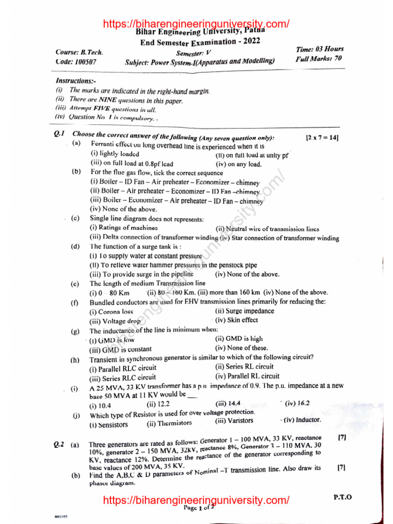 Beu Pyq Ee 5 Sem Power System1 100507 2022 | PDF