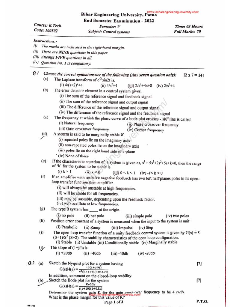 BEU PYQ EE 5 SEM Control Systems 100502 2022 | PDF