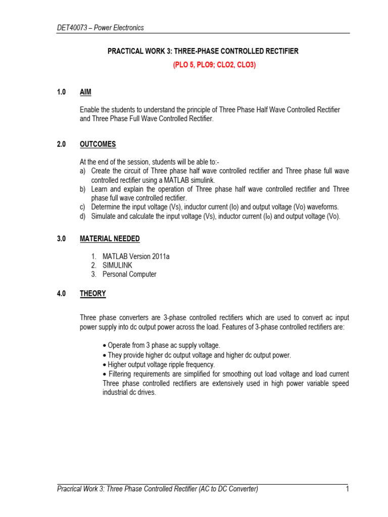 PW3 Three Phase Controlled Rectifier (MATLAB) | PDF | Rectifier | Power Electronics