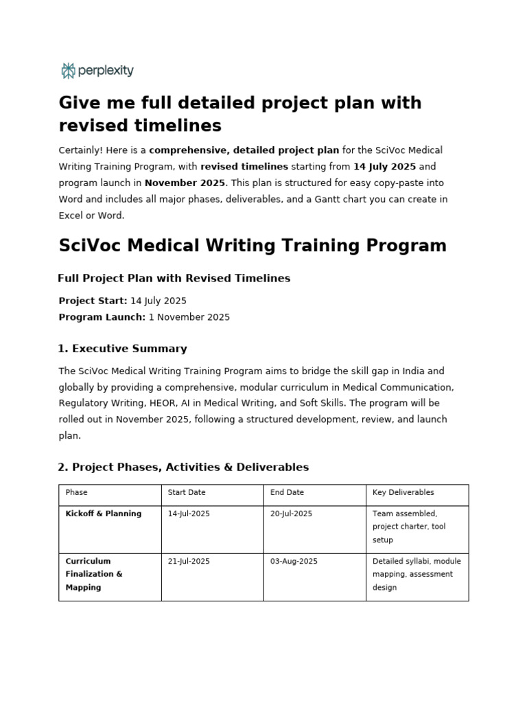 SciVoc Medical Writing Program Plan | PDF
