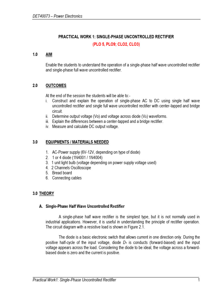 PW1 Single Phase Uncontrolled Rectifier | PDF | Rectifier | Power Electronics