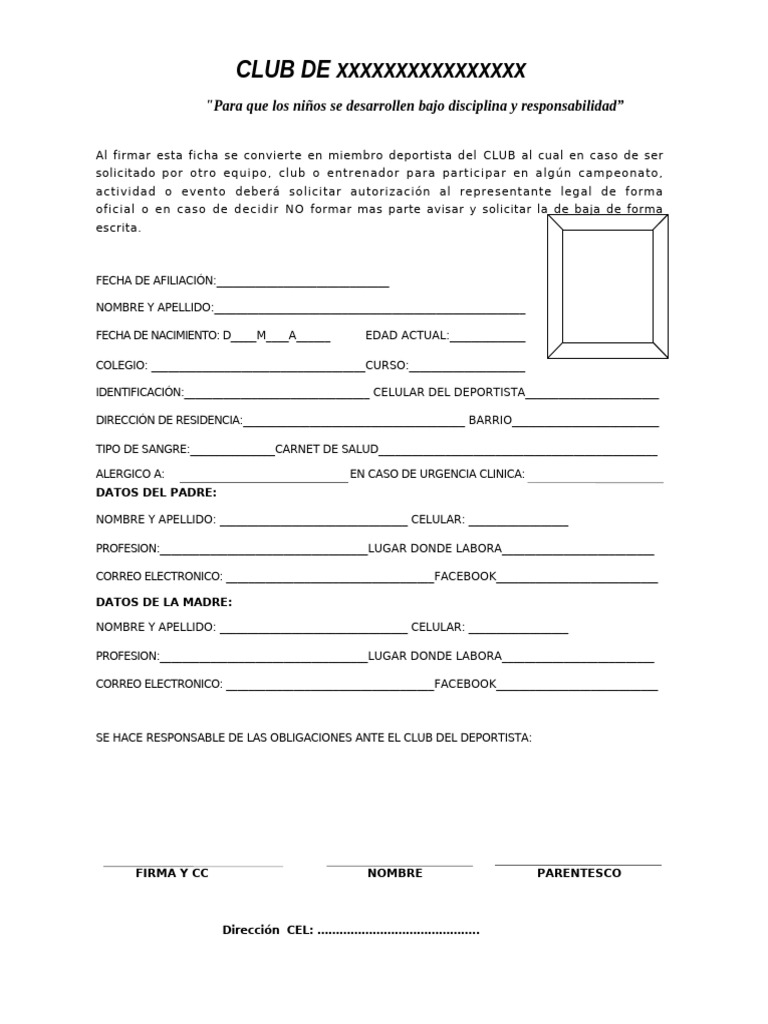 Ficha de Afiliación al Club Deportivo | PDF
