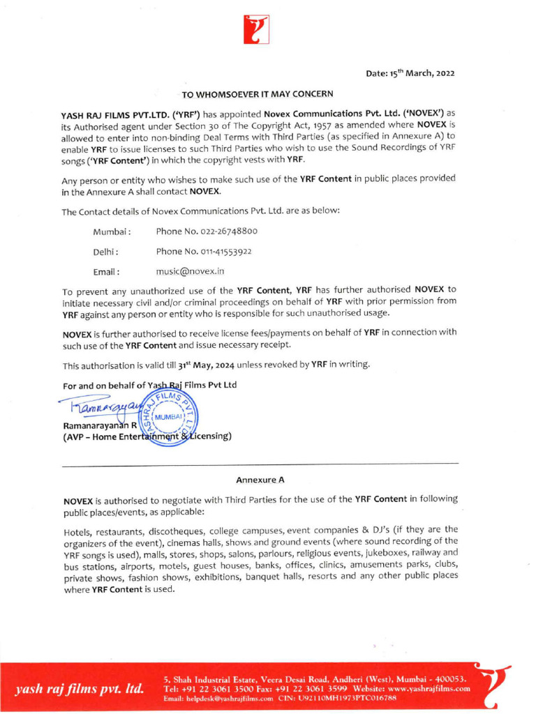 YRF Authority Letter | PDF