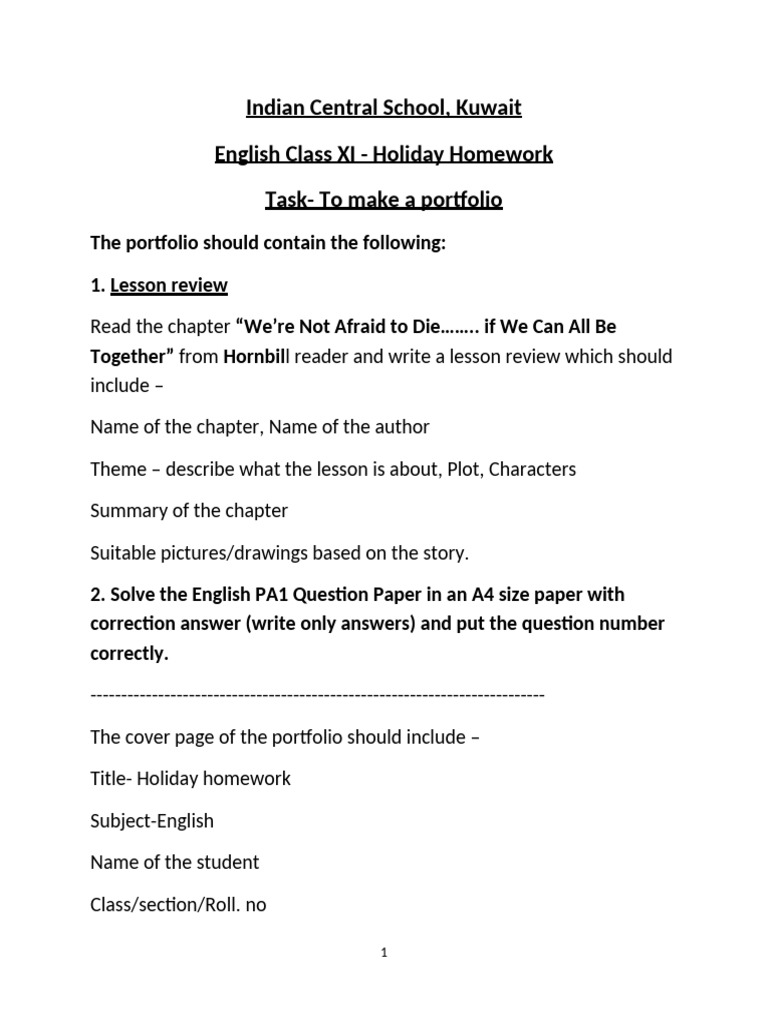 Class Xi English Holiday Homework 2025 - 26 | PDF