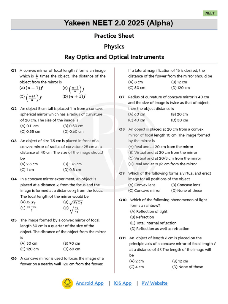 Ray Optics and Optical Instruments - Practice Sheet 2 | PDF | Optics ...
