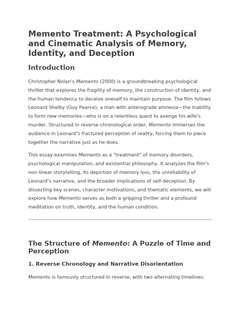 Memento Treatment A Psychological and Cinematic Analysis of Memory ...