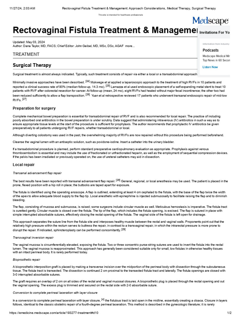Rectovaginal Fistula Treatment & Management - Approach Considerations ...