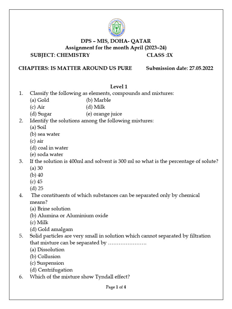 Assignment Class 9 April Is Matter Around Us Pure | PDF | Mixture | Colloid