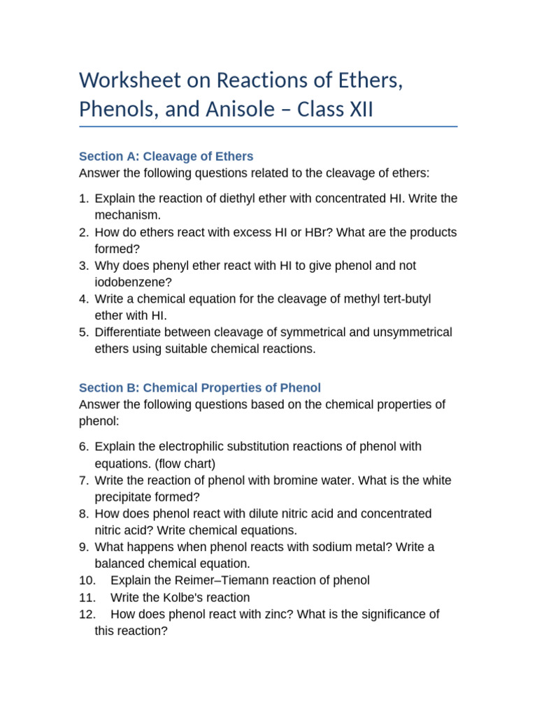 Worksheet Ether Phenol Anisole Reactions | PDF
