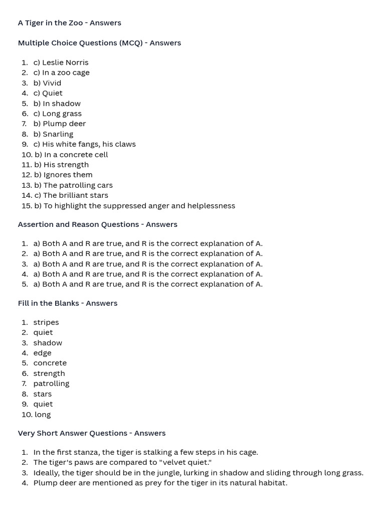 A Tiger in The Zoo - Answers | PDF | Tiger | Zoo
