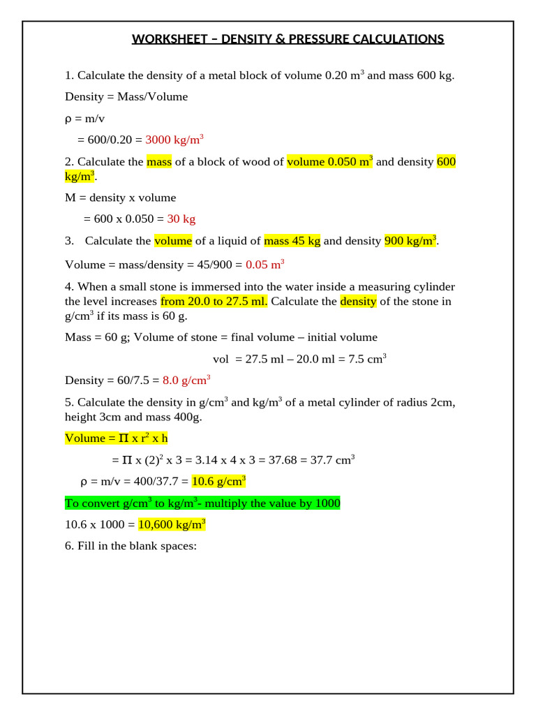 Density & Pressure Calculation Worksheet | PDF