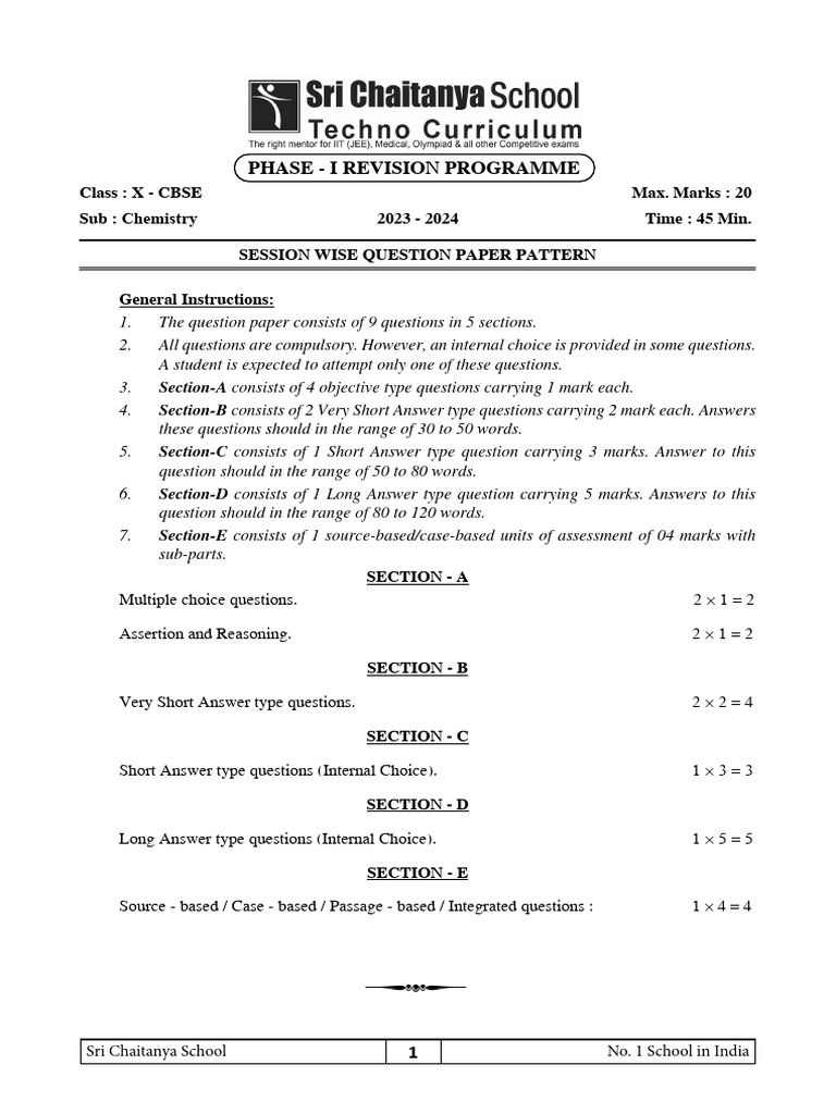 CBSE - X Chemistry Phase - I Session Wise Q.P Pattern | PDF