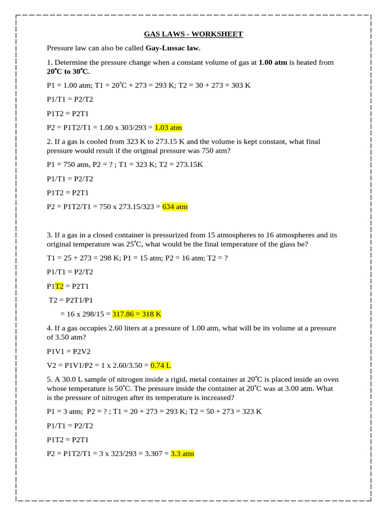Gas Laws Worksheet: Pressure Calculations | PDF