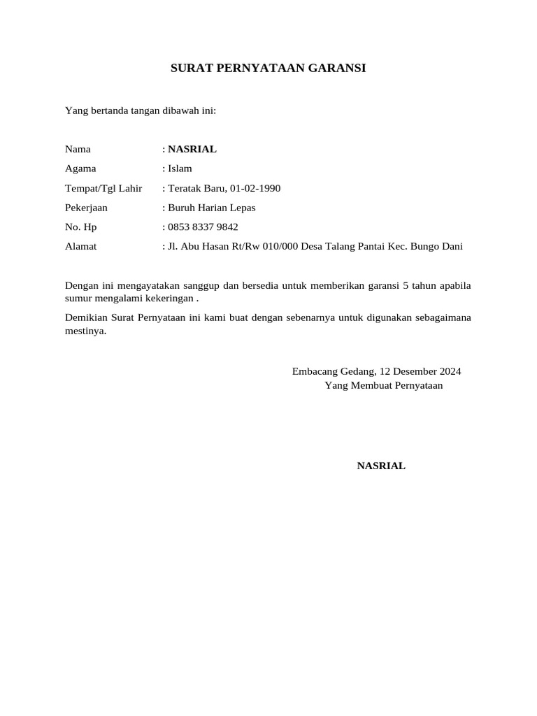Surat Pernyataan Garansi Sumur Bor | PDF