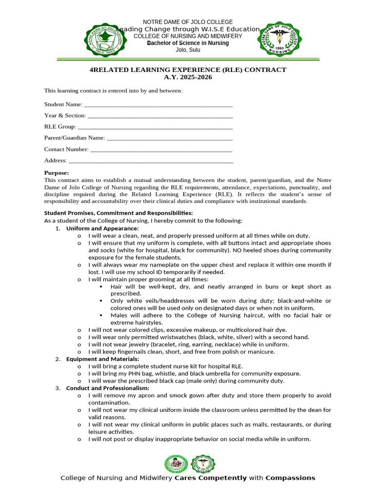 RLE Contract for Nursing Students | PDF | Nursing