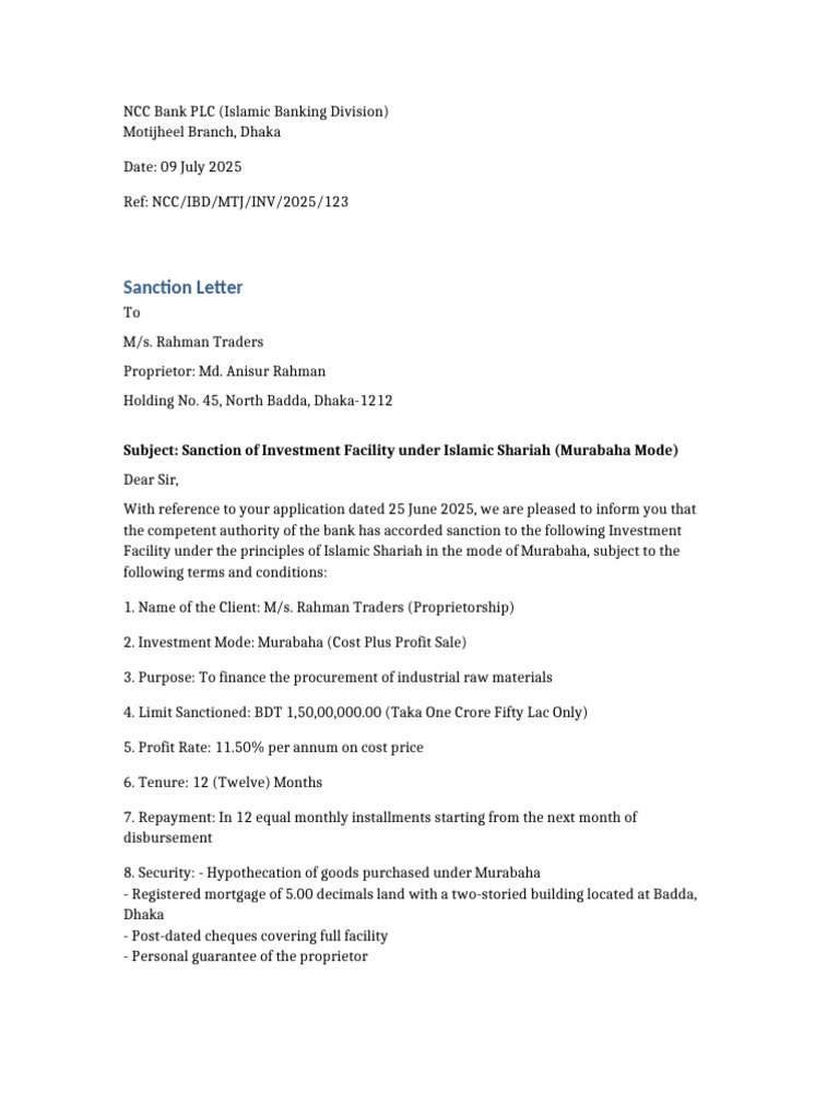 Sanction Letter Murabaha NCC | PDF