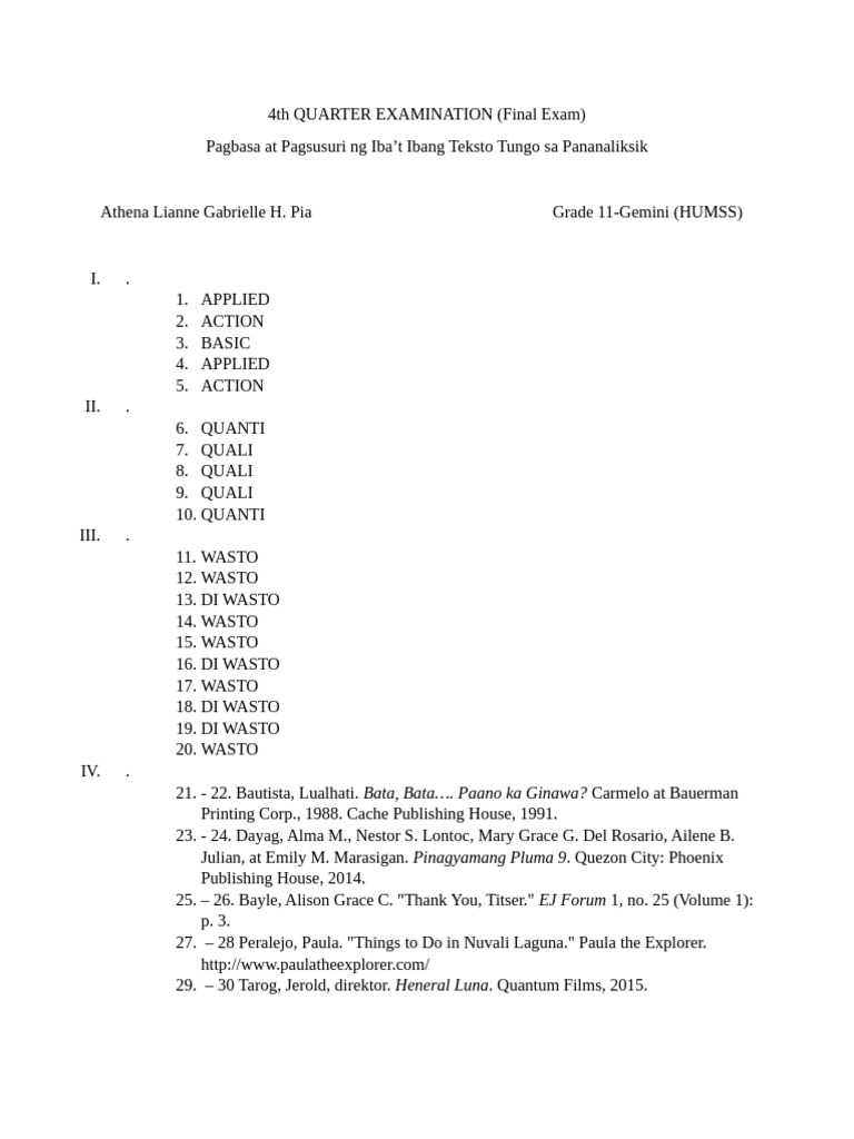 4th Quarter Examination - Pagbasa | PDF