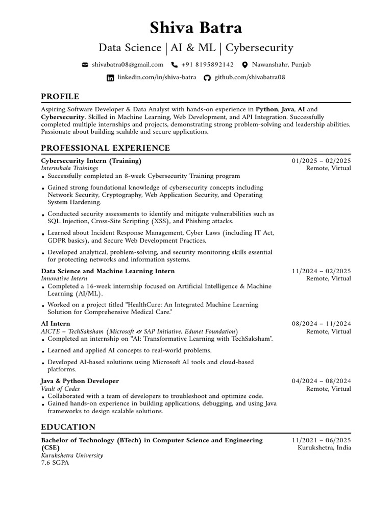 Shiva Batra FlowCV Resume 20250706 | PDF | Computer Security | Security